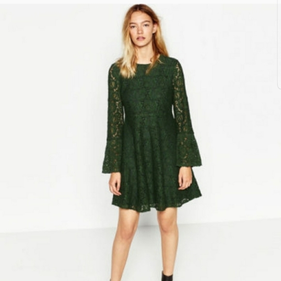 Zara | Dresses | Beautiful Green Zara Bell Sleeve Lace Dress | Poshmark
